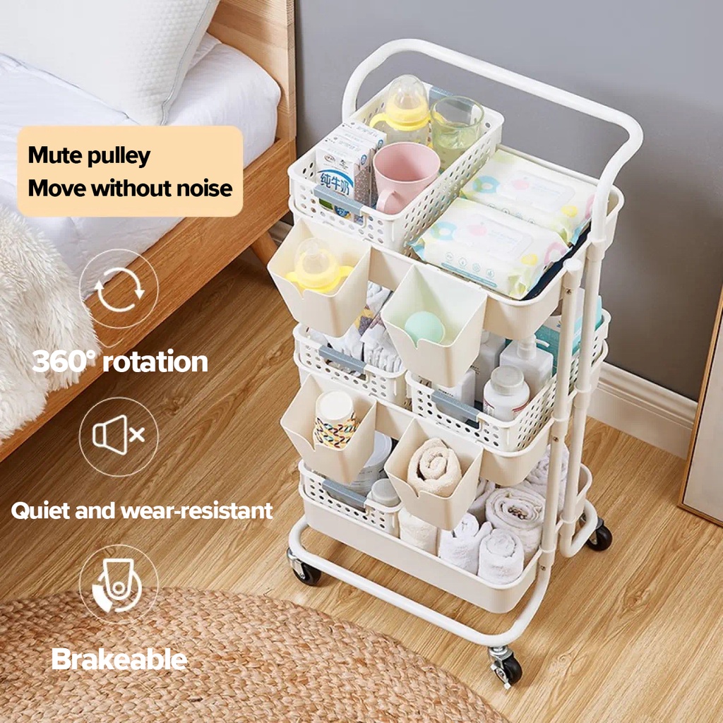 3-Tier Trolley Cart Organizer with Basket Carbon Steel Utility Cart for ...