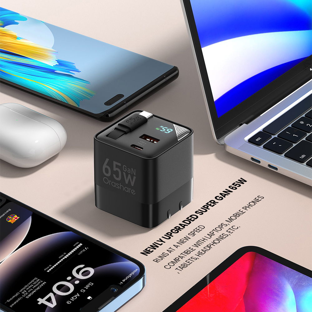 Orashare CR65 GaN 65W Charger Foldable Plug With Retractable Cable USB ...