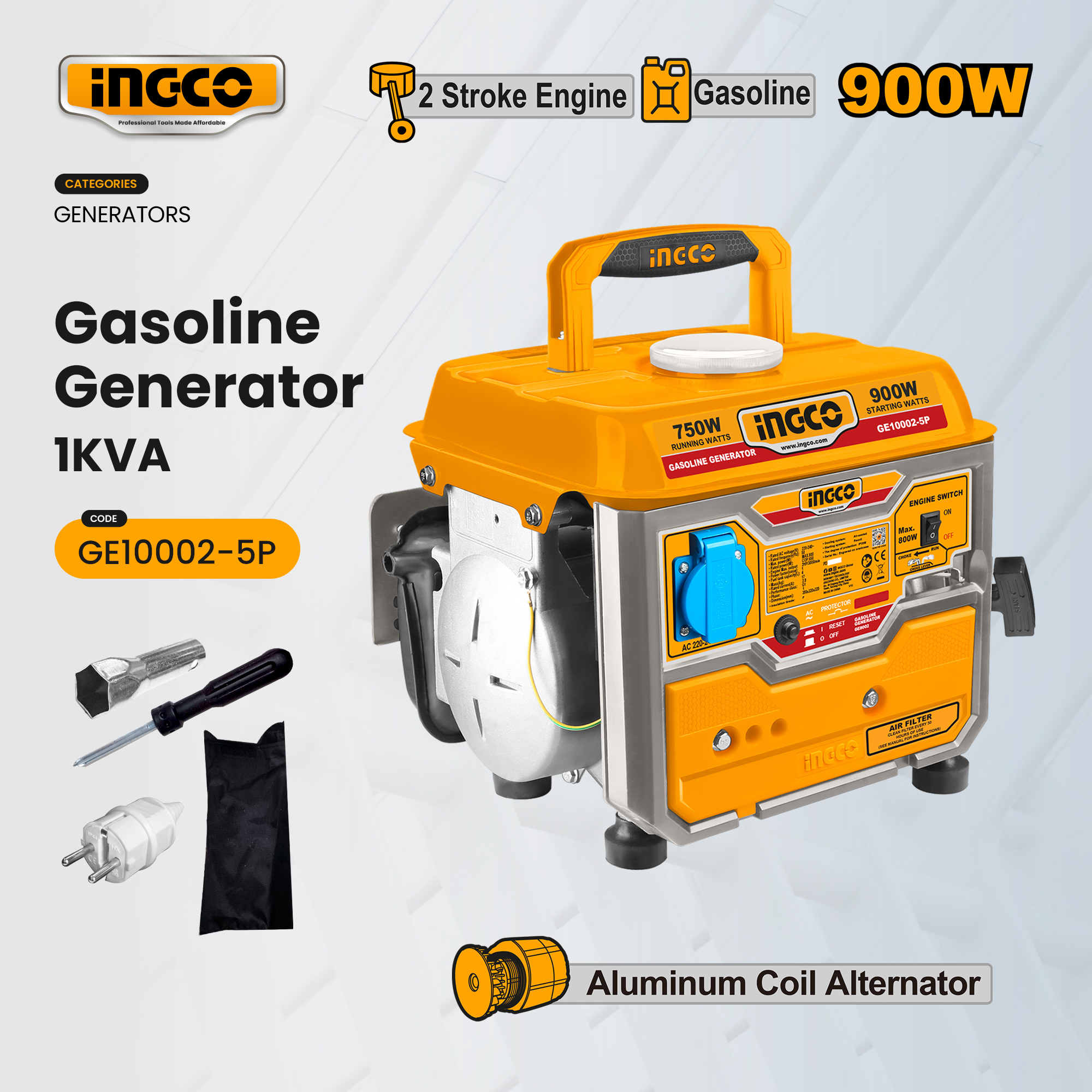 Ingco GE10002-5P Manual Portable Gasoline Generator 1Kva 2-Stroke ...