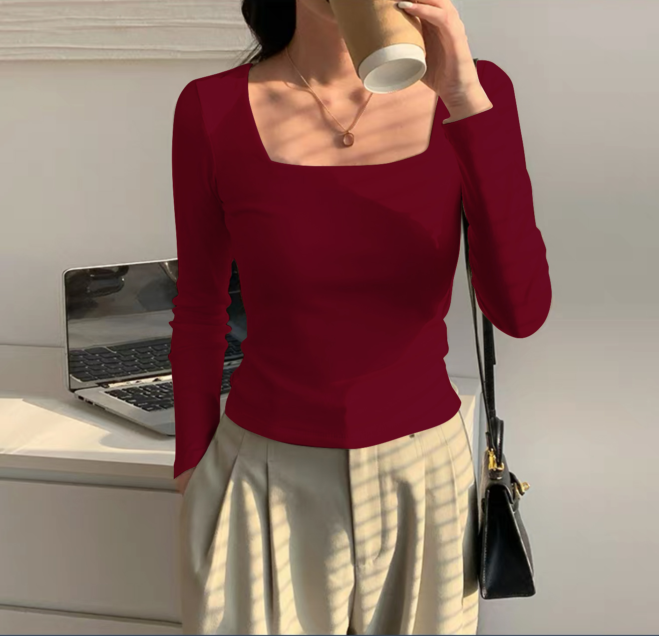 Angelcity Double Lining Square Neck Tops Long Sleeve Round Full Length ...