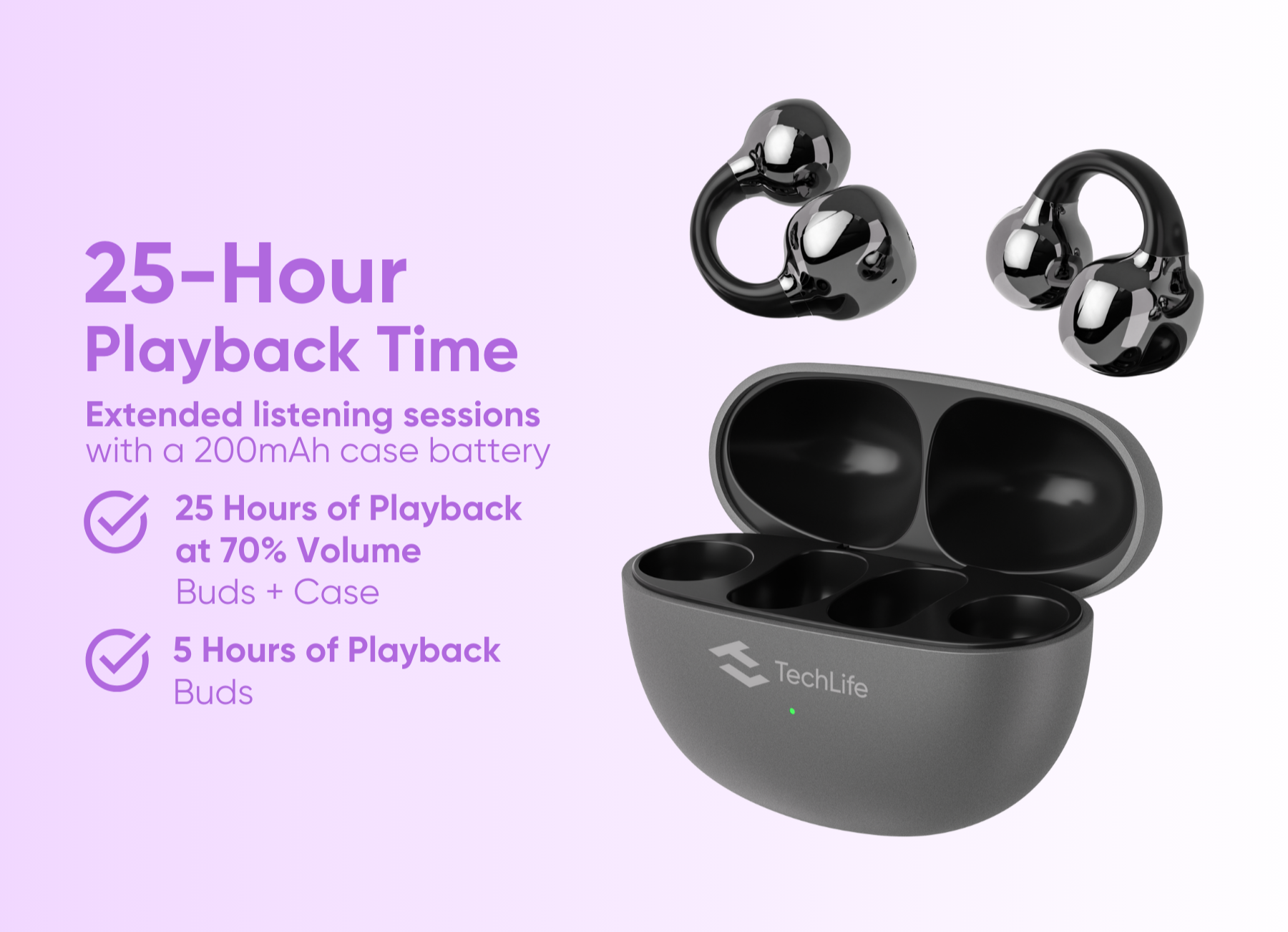 TechLife Clip-on Earbuds l 25-Hour Playback Time l Smart Touch Controls ...