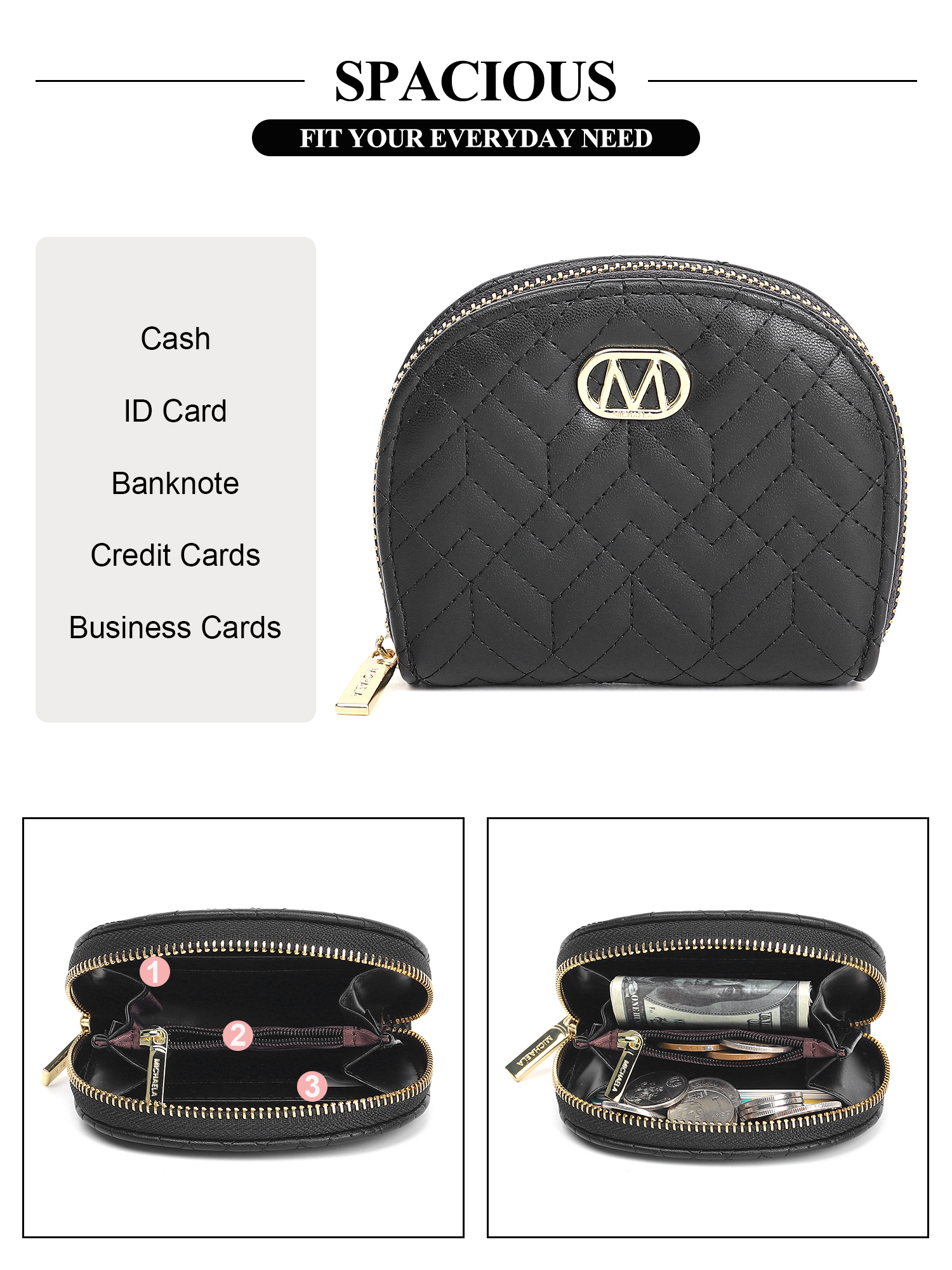 MICHAELA Semicircle Zipper Wallet Heart Quilted Chic Compact for Daily ...