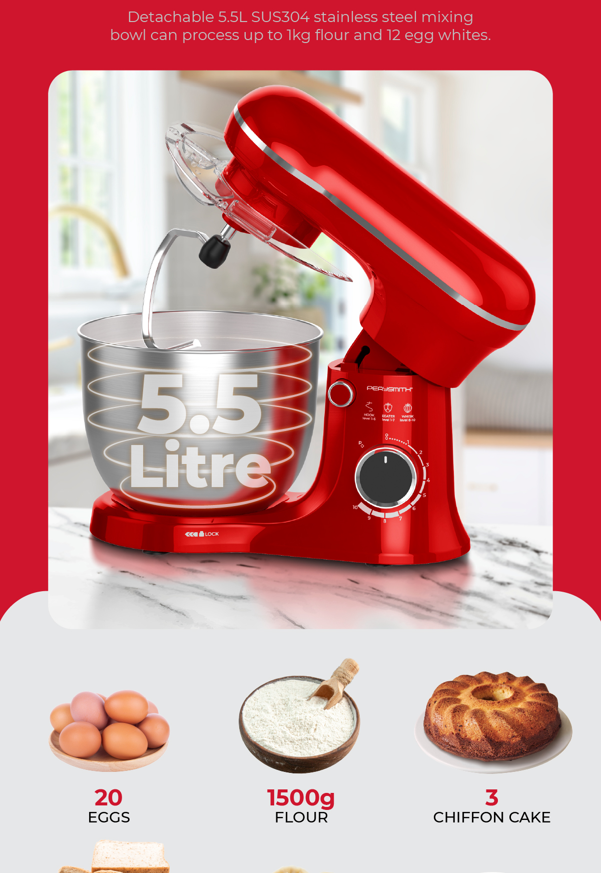 Perysmith PS5500 II 5.5L Electric Stand Mixer for Baking with Bowl and ...