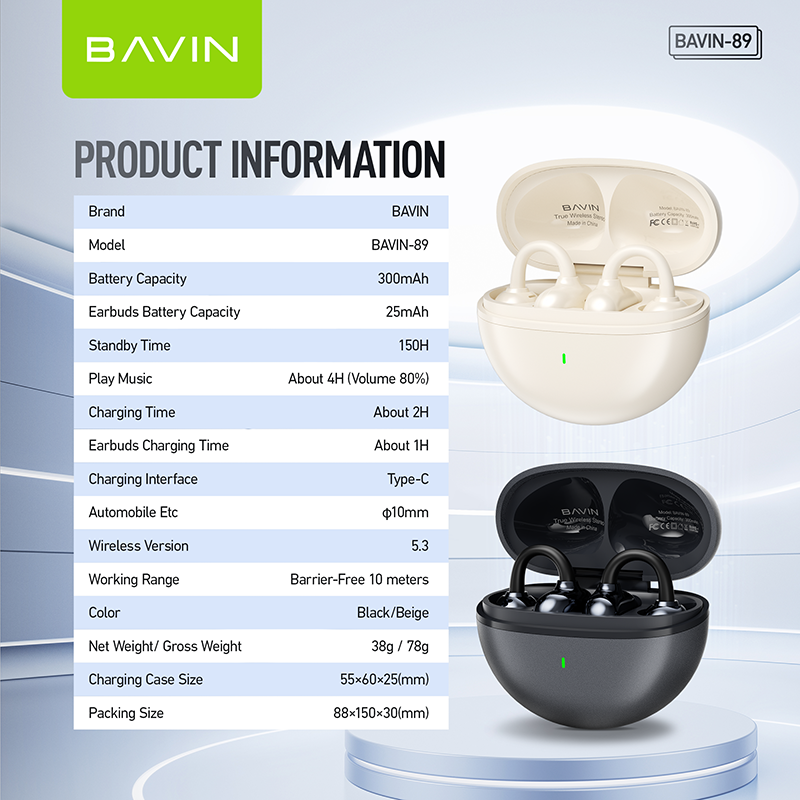 BAVIN BA89 TWS Ear Clip Bluetooth Earbuds w/ Mic & Real-Time ...