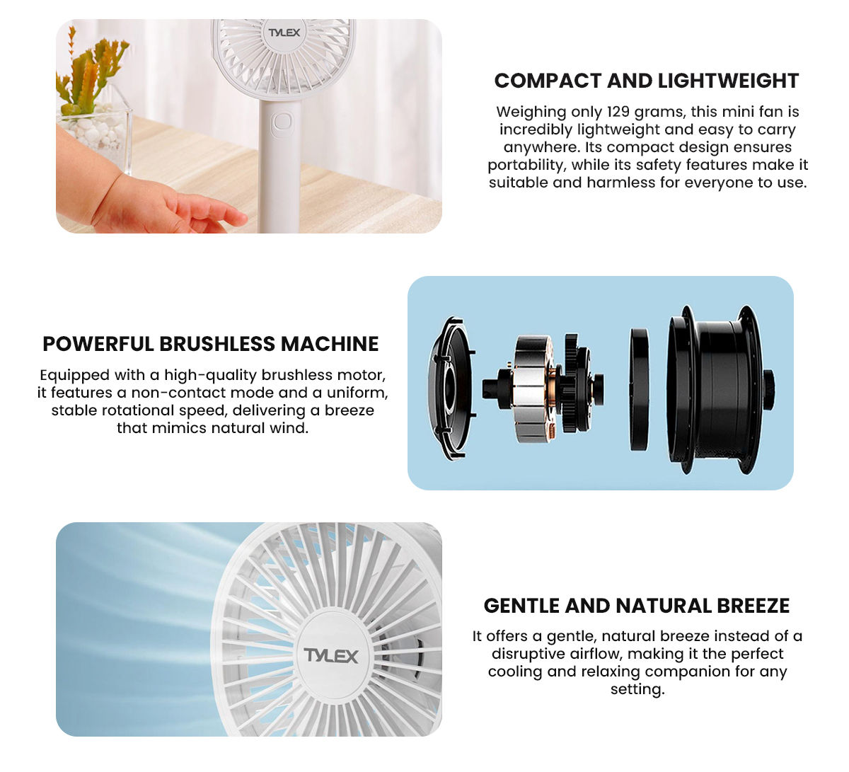 Tylex XM61 Portable Mini Fan Rechargeable Strong Wind 1200mAh Battery ...