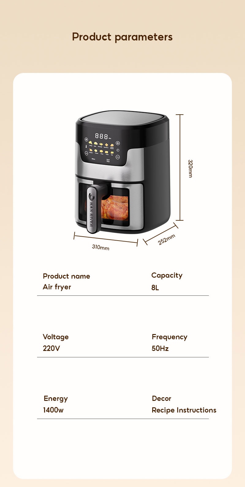 HAN RIVER Air Fryer 8L Stainless steel Air Fryer Oven 1400W Updated ...