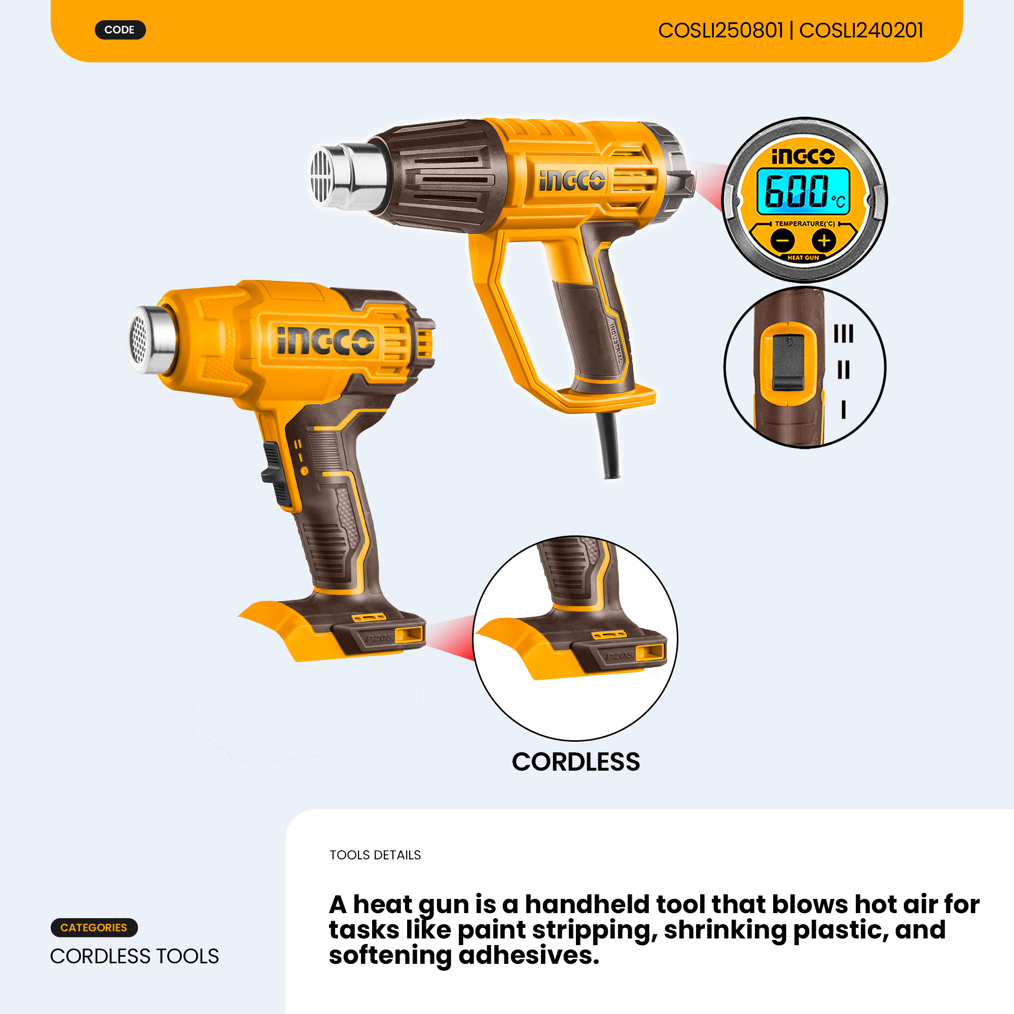 Ingco Corded / Cordless Heat Gun Combo Kit Hot Air Blower Heat Shrink ...