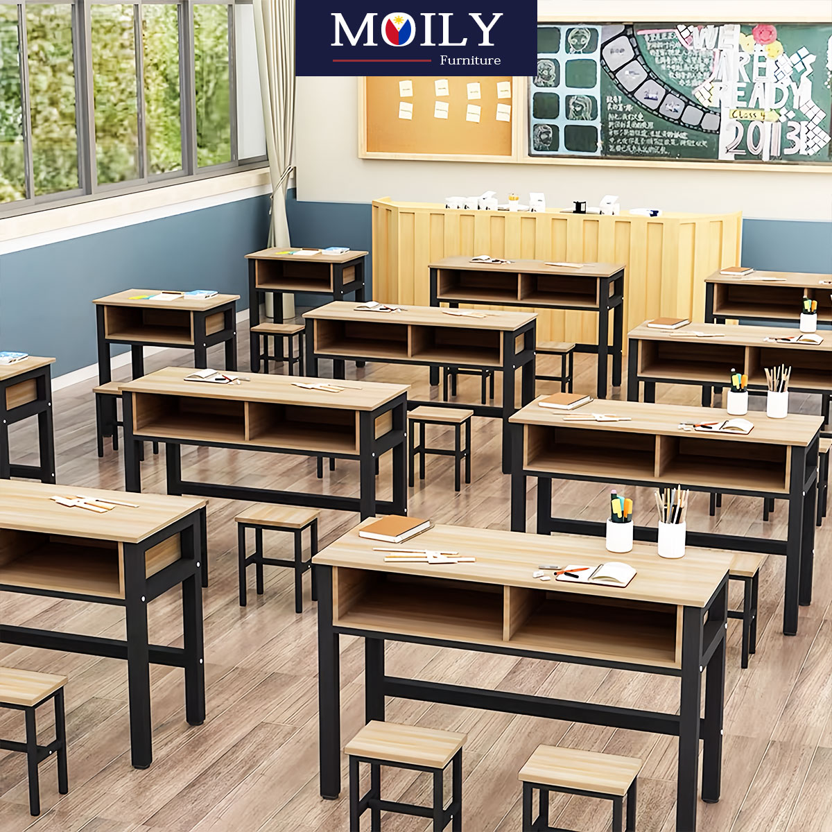 MOLY Double study desk, drawer desk, office desk, computer desk, with ...