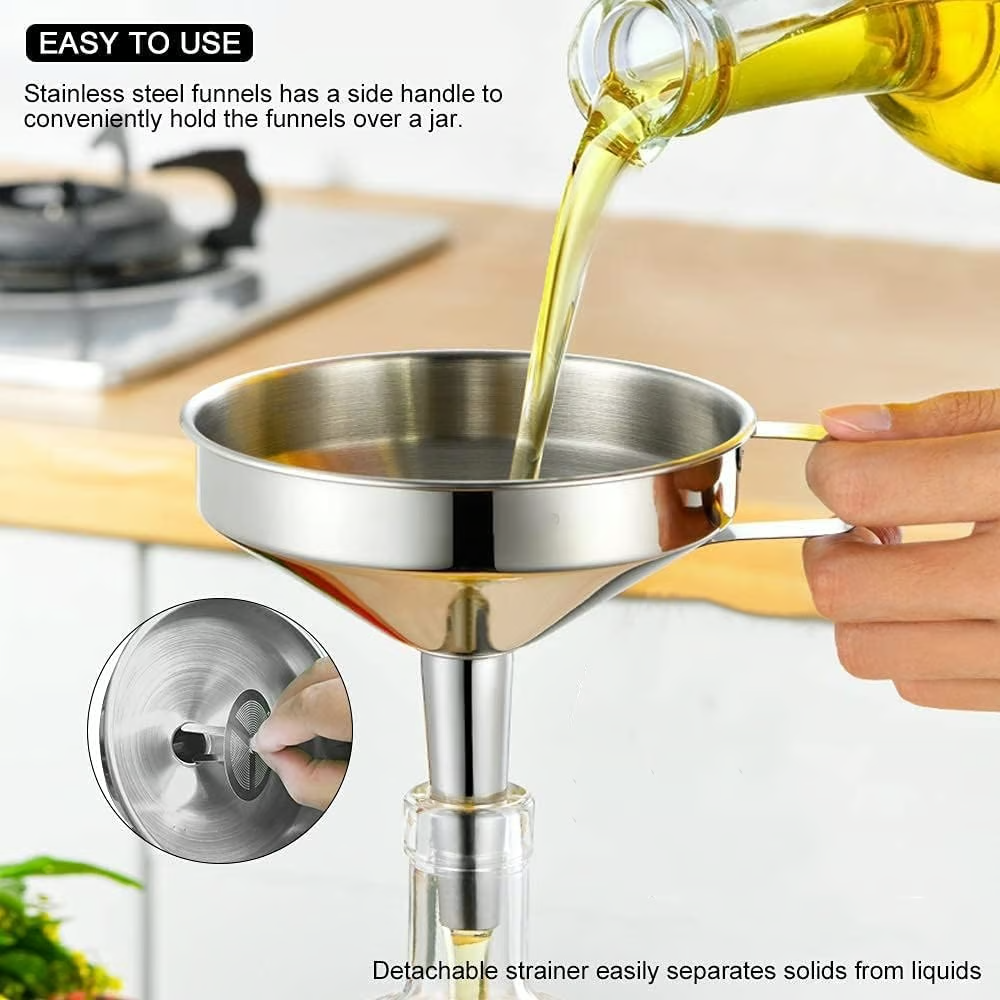 304 Stainless Steel Funnel Kitchen Oil Liquid Funnel Metal Funnel with Detachable Filter Wide ...
