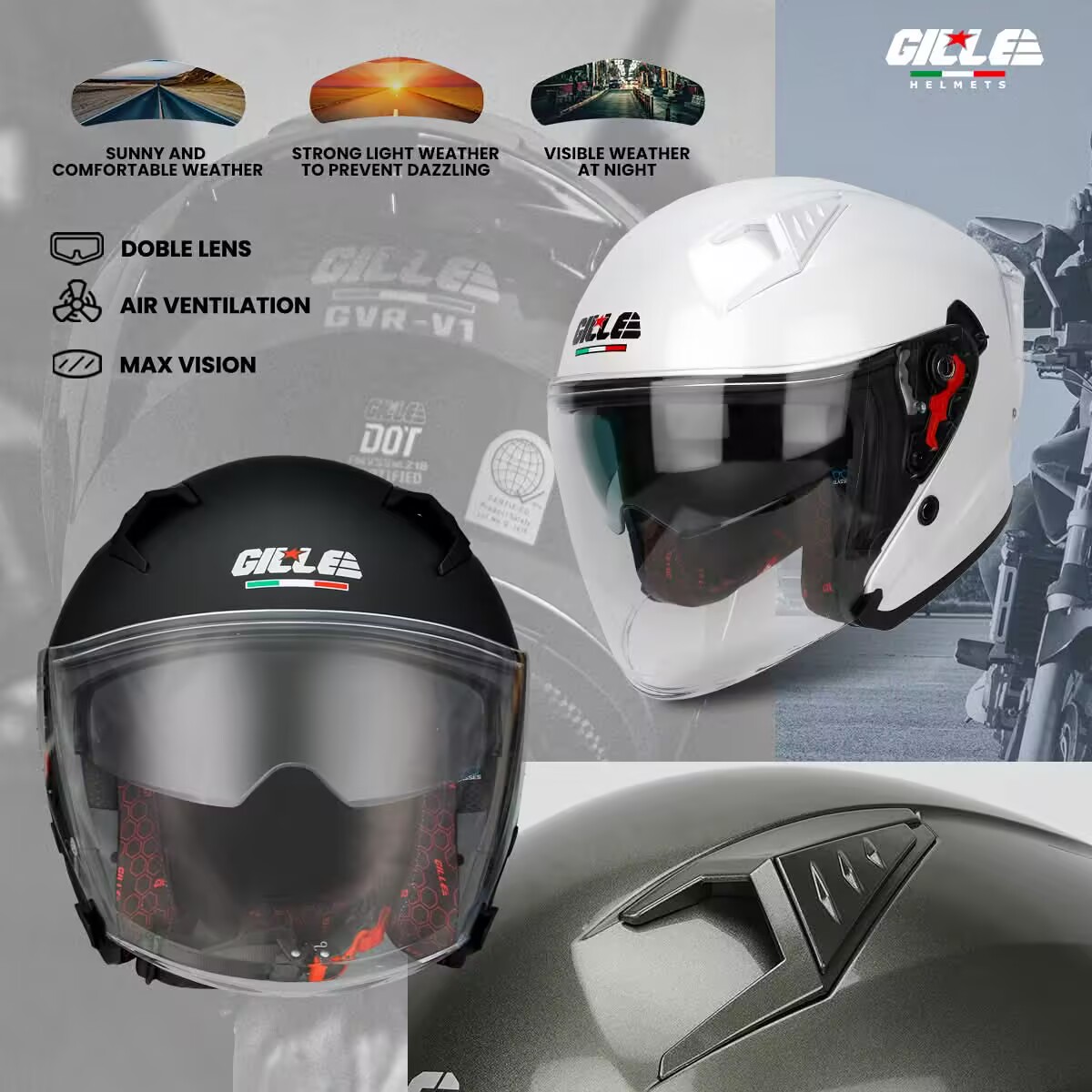 【𝑶𝑭𝑭𝑰𝑪𝑰𝑨𝑳】GILLE GVR-V1 Half Face Helmet for Motorcycle Dual Visor Men ...