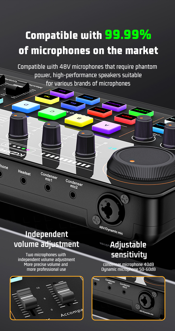 KOORFLY KF04 Live Sound Card Streaming Audio Interface Sound Mixer For 48V MIC Recording Set ...