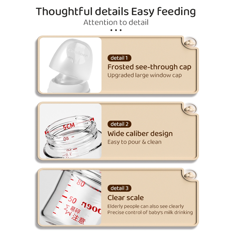 COMBOER High Borosilicate Glass Baby Bottle(WIDE NECK)80/160/240ml SS Size Newborn Feeding ...