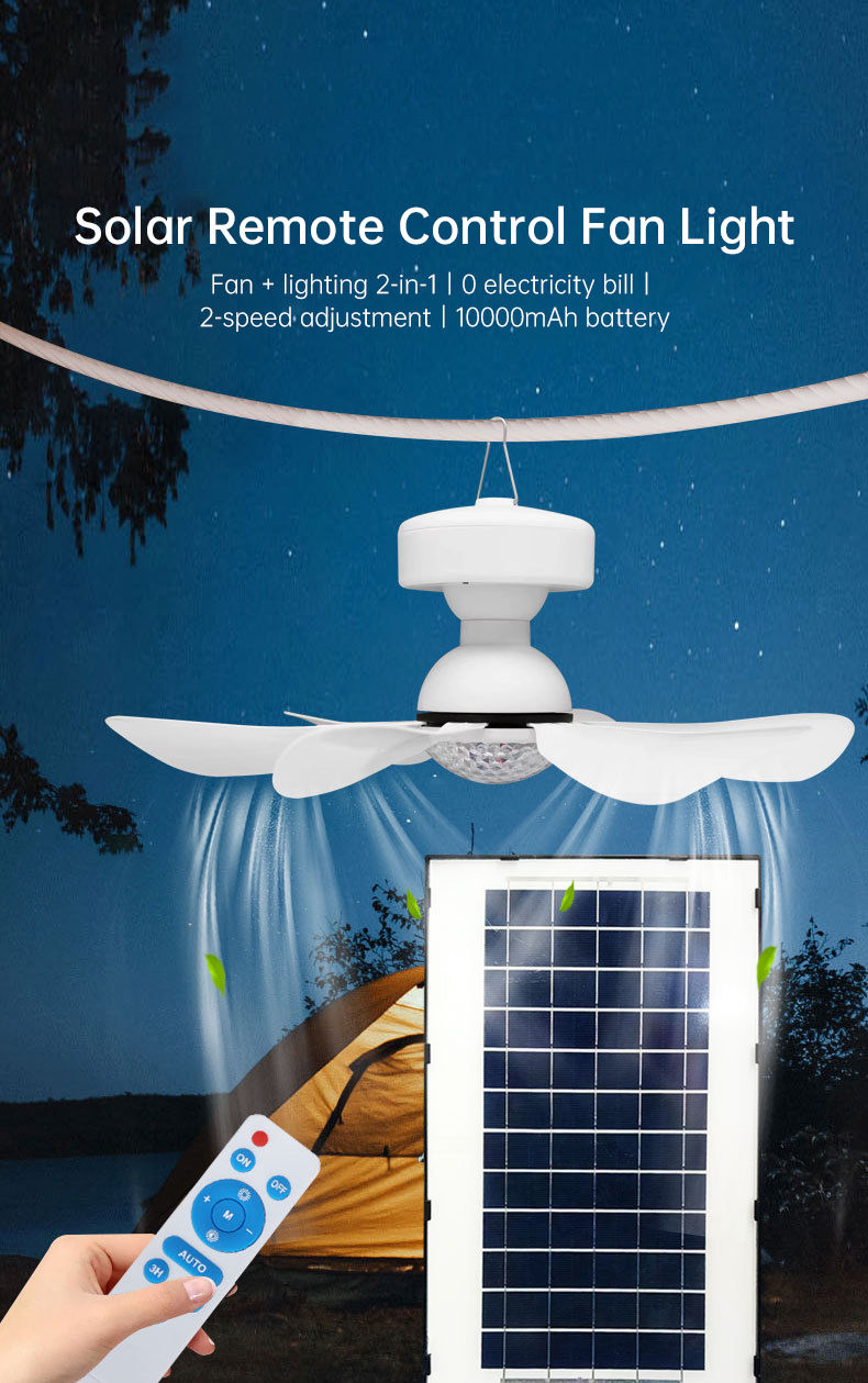 Solar Outdoor Ceiling Fan with LED Lights Remote Control Solar Fan 16 ...