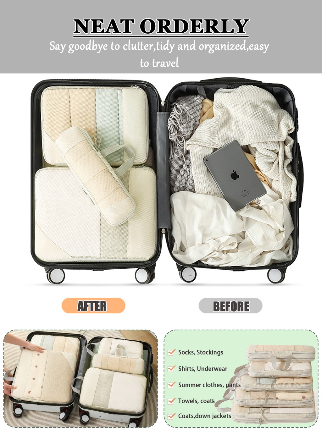 Compression Travel Organizer Bag Set of 5 Luggage Expansion Bag Travel ...