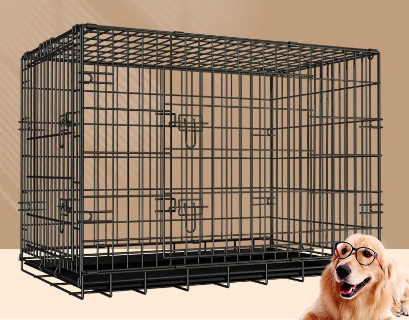 Fold Double doors open Dog Cage with Poop Tray Heavy Duty Pet ...
