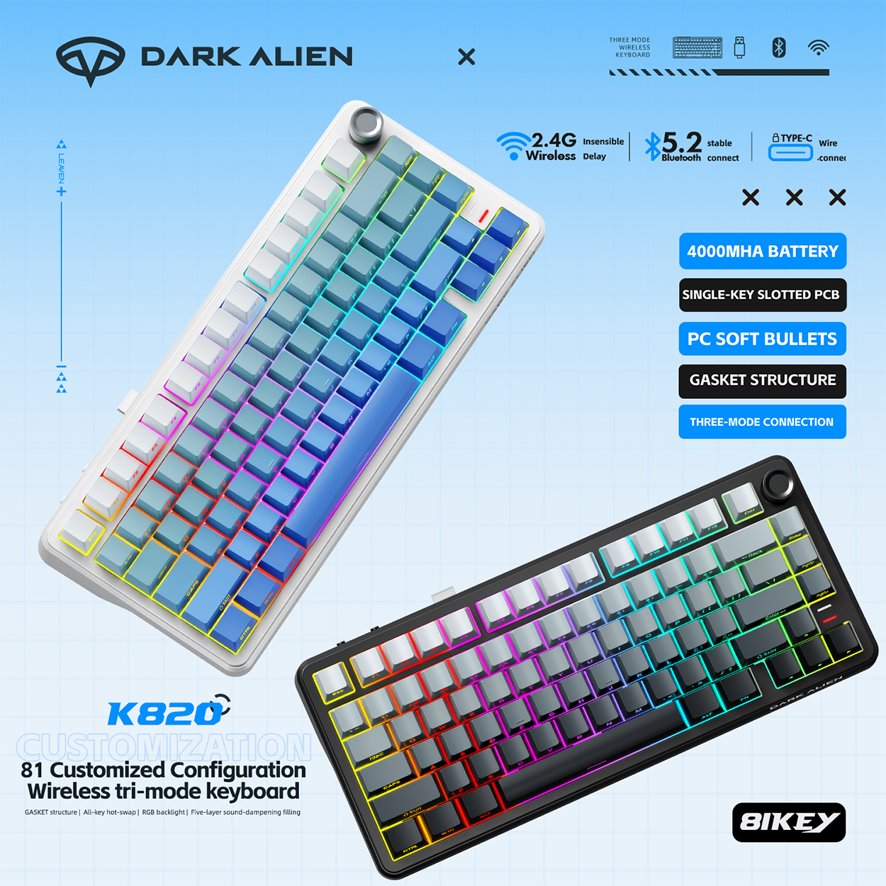 Dark Alien K820 81 KEY Tri Mode Gasket Wireless Wired Hot Swappable ...