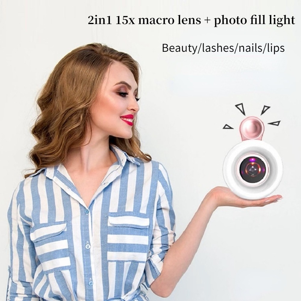 2IN1 HD Mobile Phone Lens Fill Light 15X Macro Portable Selfie LED Ring ...