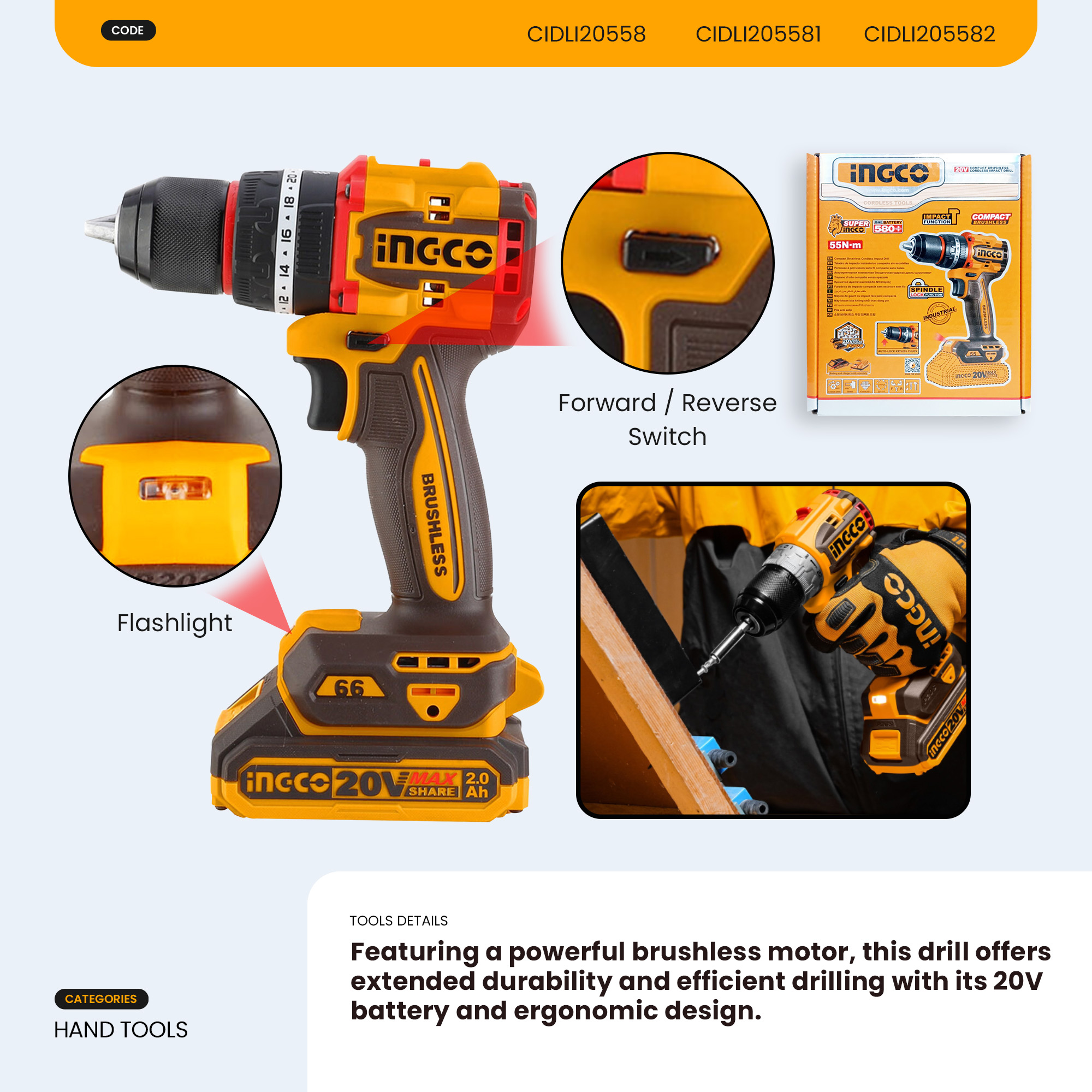 Ingco 55Nm 20V Compact Brushless Cordless Impact Hammer Drill 2-Speed ...