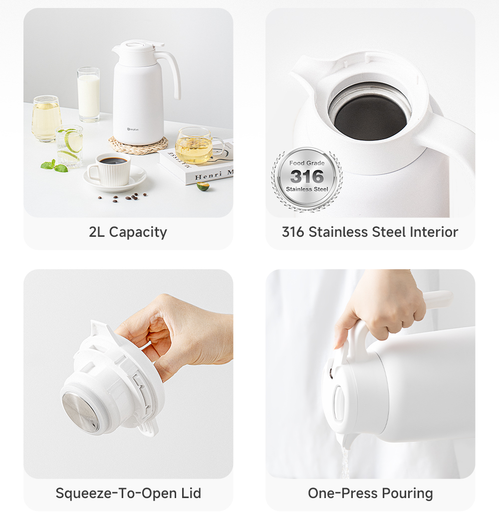 Simplus Thermal Insulation Kettle Stainless Steel Interior 2L Capacity 48h Heat Retention Jug ...