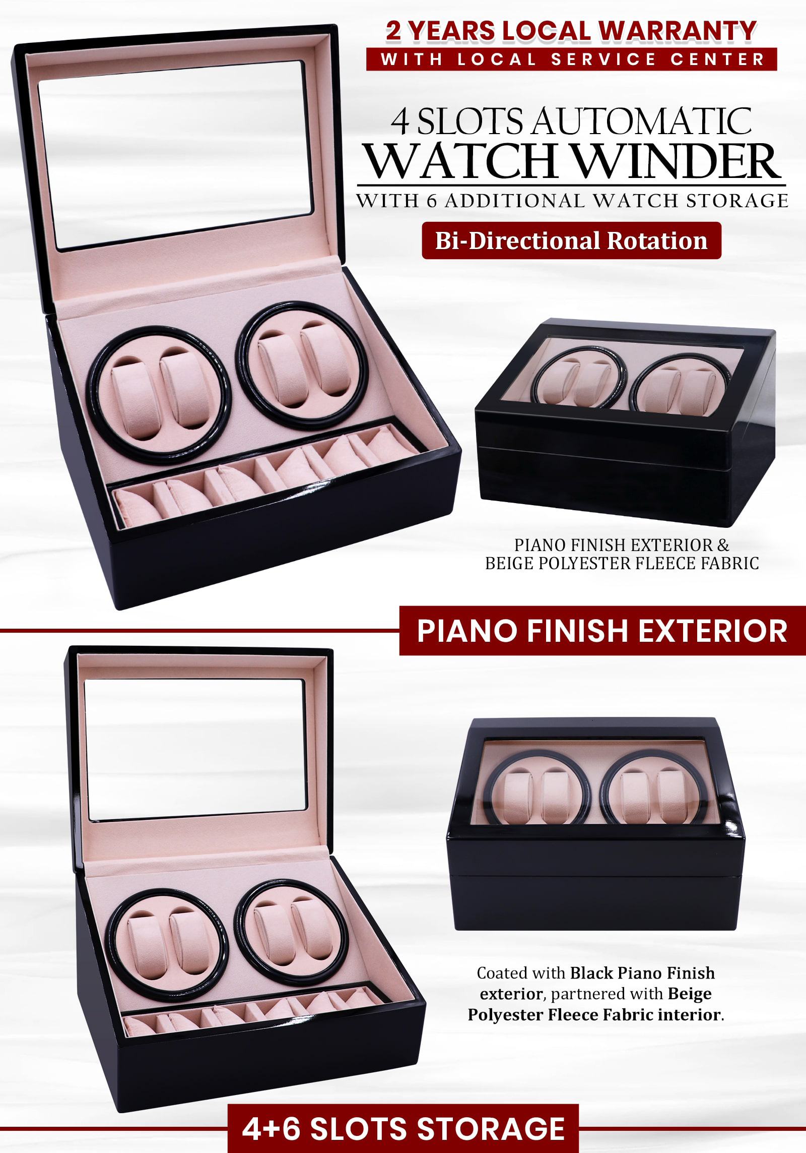 4 Slots Bi-directional Rotation Watch Winder w/ 6 Additional Storage ...