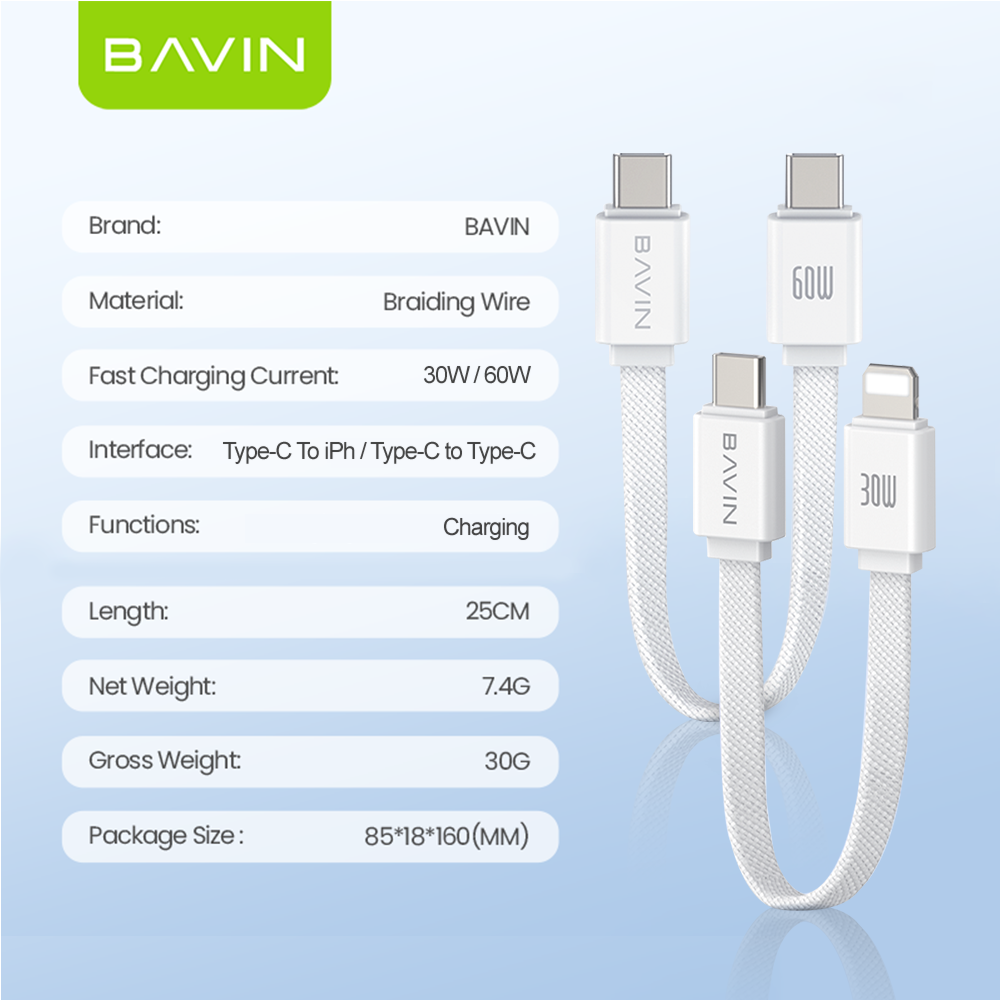 BAVIN CB370 60W Fast Charging Mini Cable 25cm Braided Wire for Type-C ...