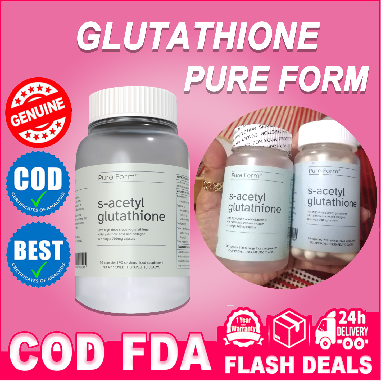 90 Capsules Pure form S Acetyl Glutathione Premium Formula Glutagen C ...