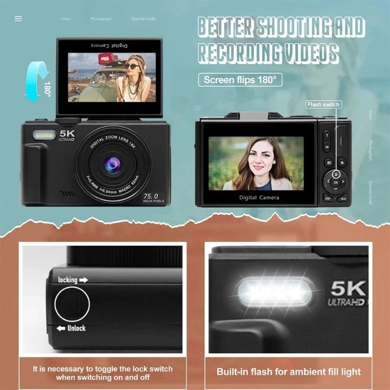 5K Digital Camera 75MP HD Photography 180° Flip Screen Mini Selfie ...