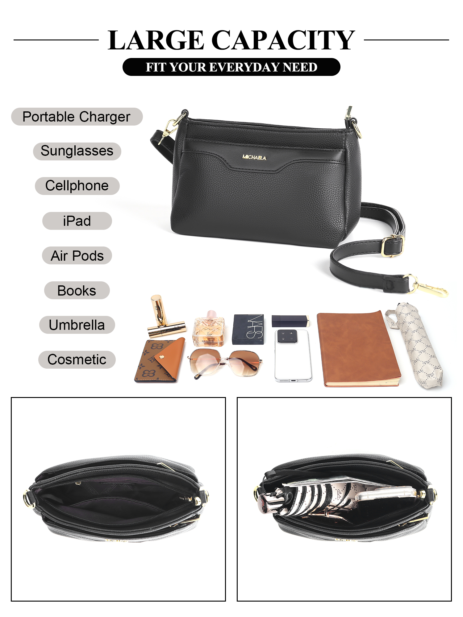 MICHAELA Multi-Pocket Sling Bag Roomy Minimalist Crossbody Bag for ...