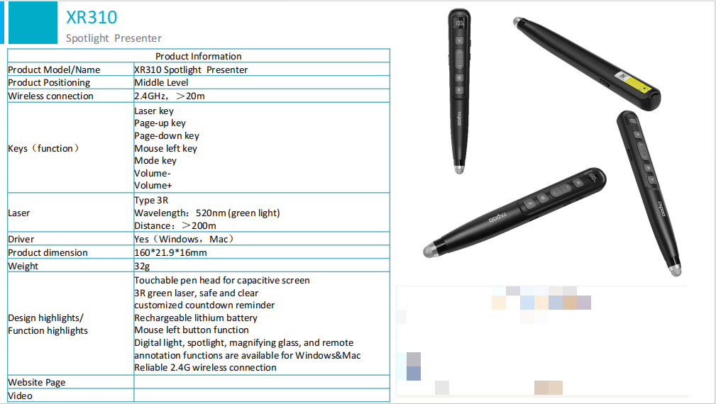 Rapoo XR310 Wireless Presenter Spotlight Presentation Pen Built-in ...