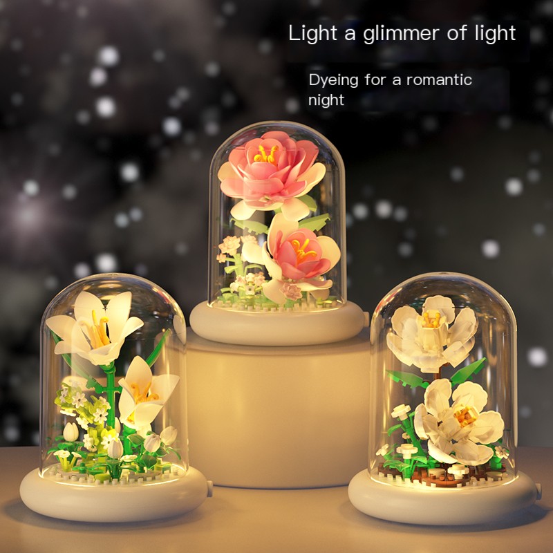 Hibiscus Flower Rose Flowers Set Building Blocks Toys with Light Glass ...