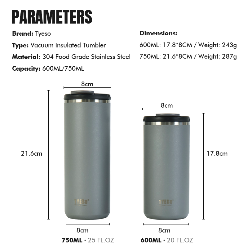 Tyeso 600ml/750ml Vacuum Insulated Tumbler Flat Lid Stainless Steel Water Bottle Hot & Cold ...
