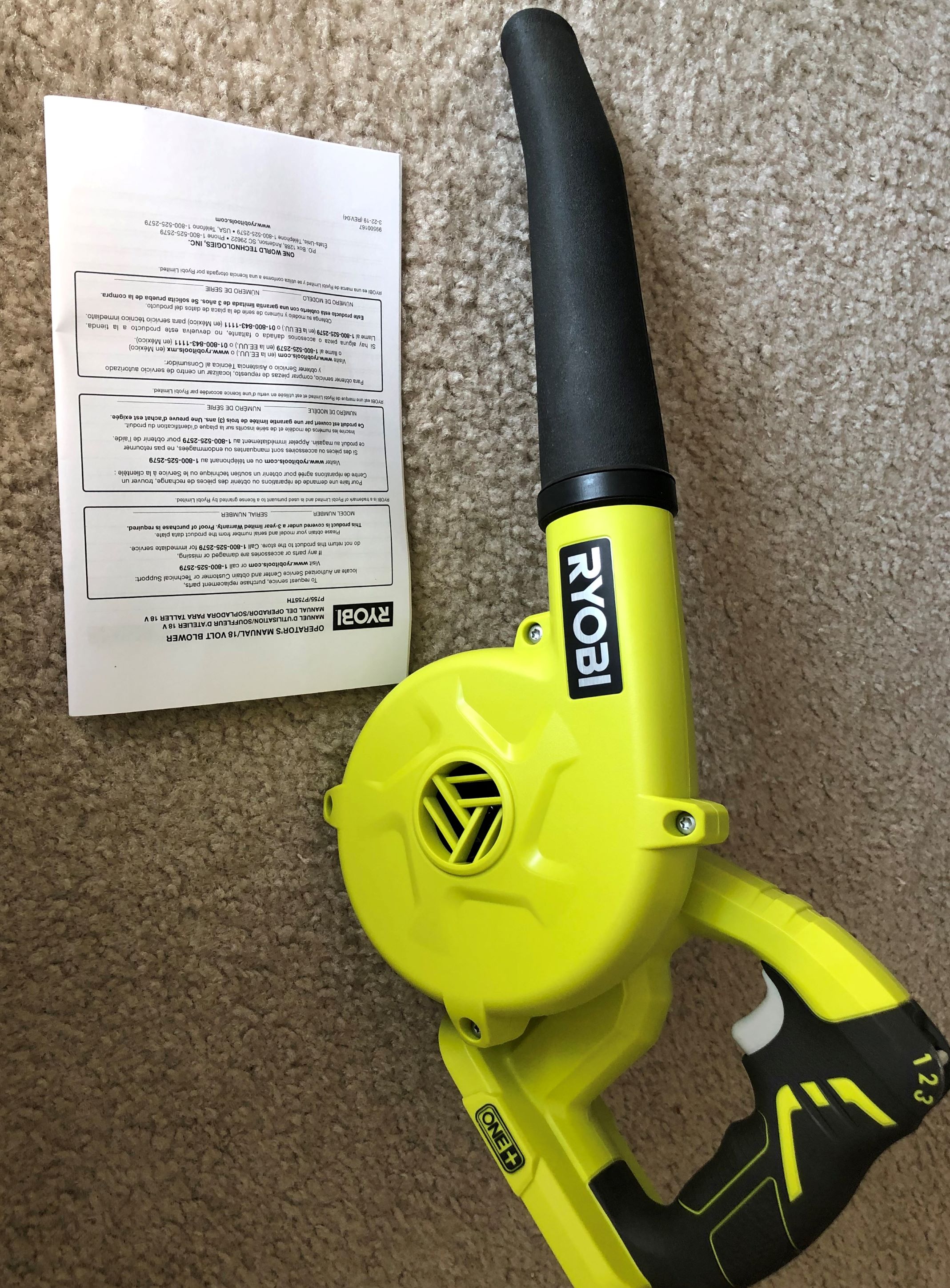 RYOBIONE+ 18V Cordless Compact Workshop Blower, P755 (Tool Only). no ...