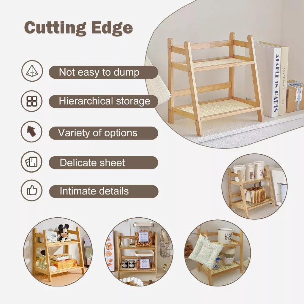 Storage Rack organizer Wooden Double-Layer Table Shelf Rattan Bedroom ...