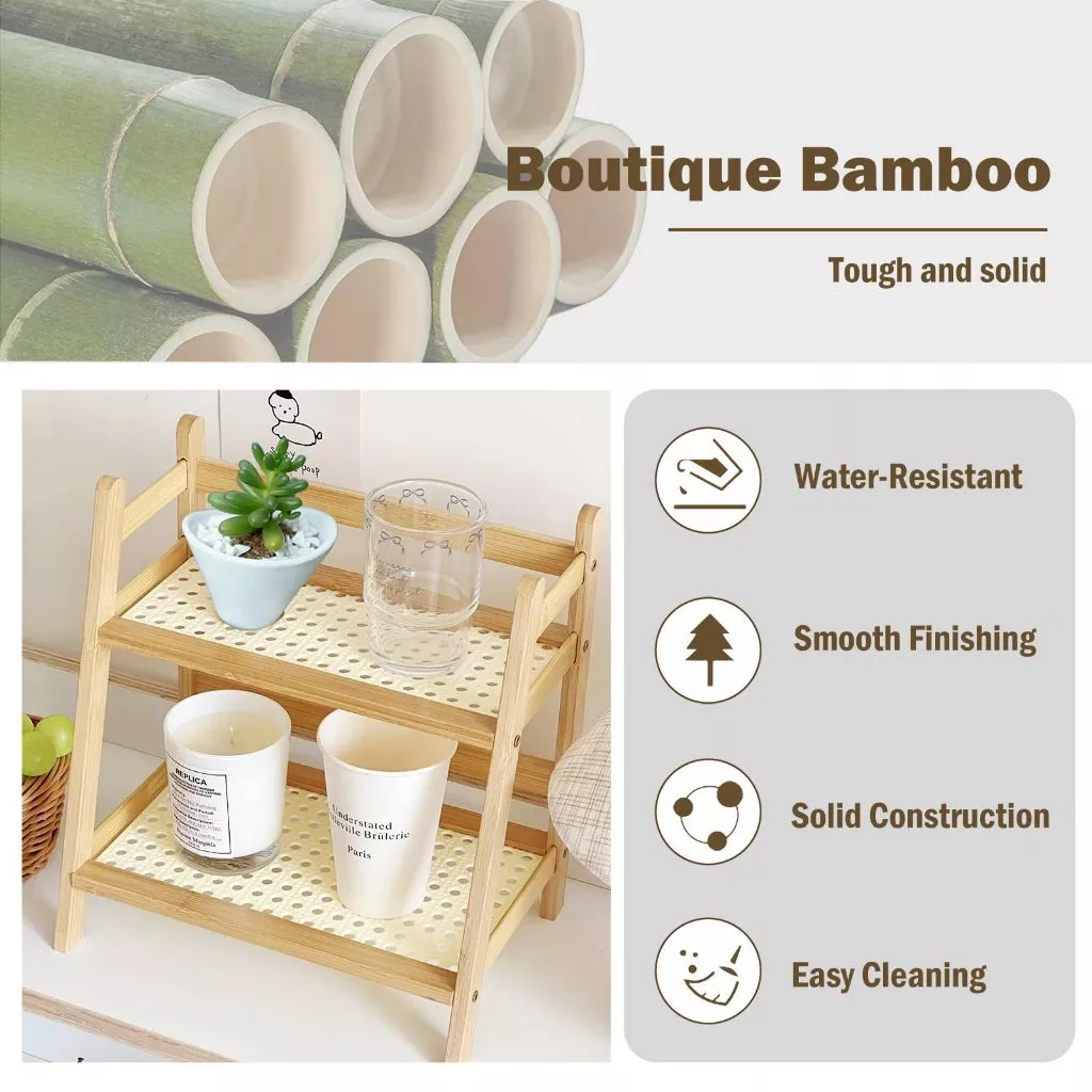 Storage Rack organizer Wooden Double-Layer Table Shelf Rattan Bedroom ...