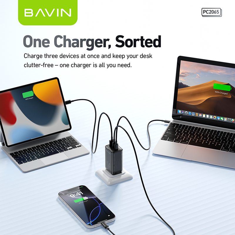 BAVIN PC2065 65W PD+QC Fast Charger w/ Type-C+USB Ports & Cable Set for ...