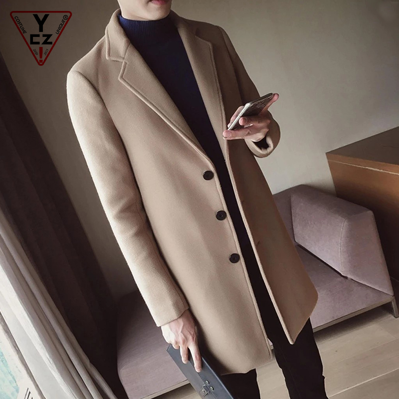 YCZ Men's Long Overcoat Knee Length Lapel Collar Solid Casual Business ...