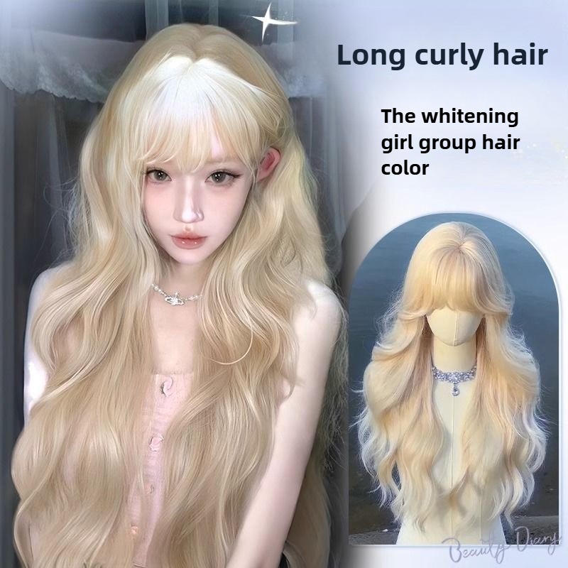 65CM Blonde Long Wig Women Natural Curly Big Wave with Bangs Full Head ...