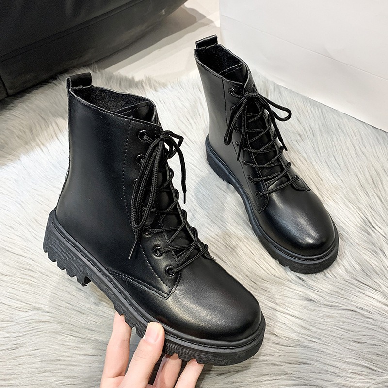 Size 35-41 Mid Top Martin Leather Boots Round Toe Lace Up Flat Bottom ...