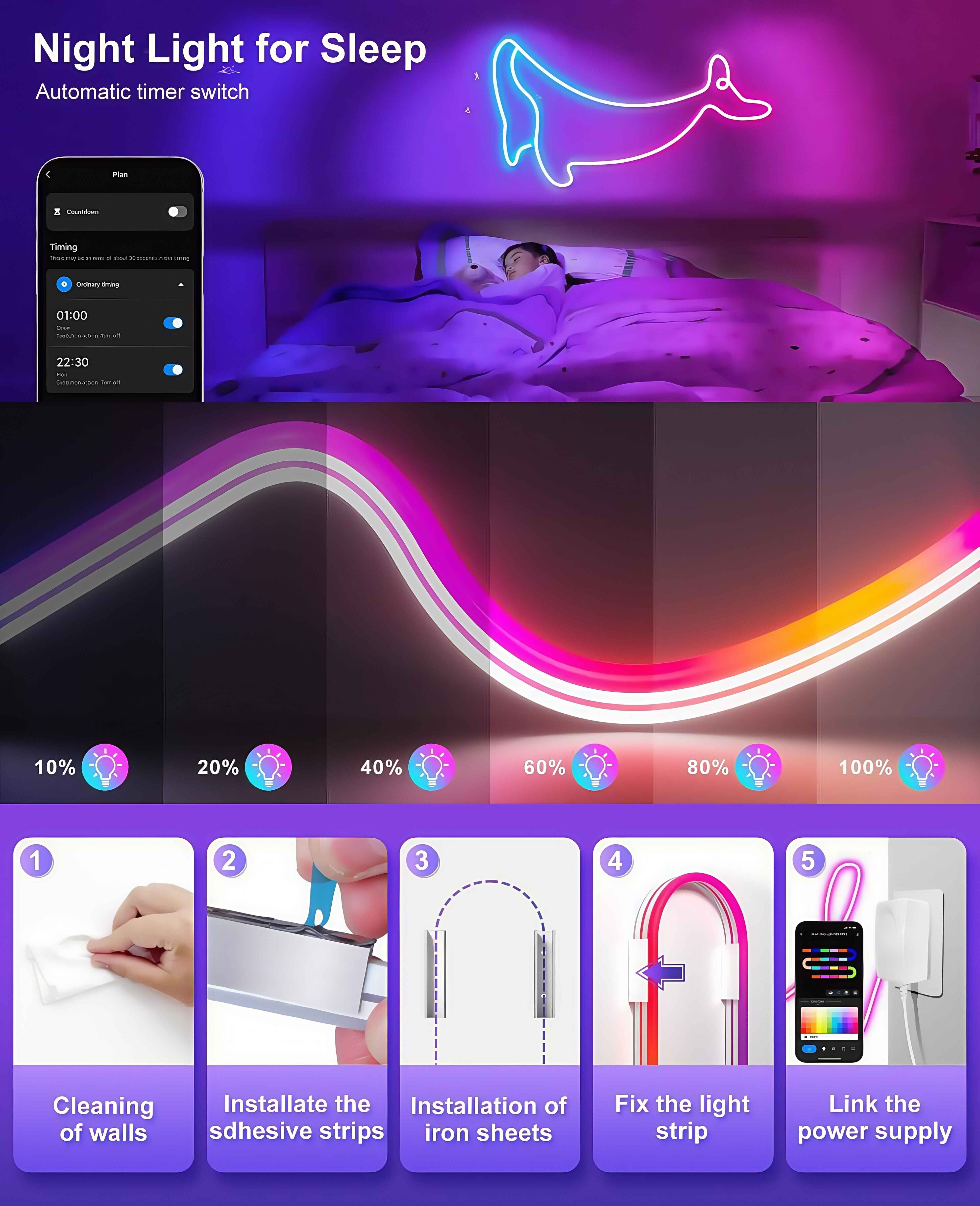 RGB Neon Light Strip APP Waterproof Music Sync Mode for Bedroom Room ...