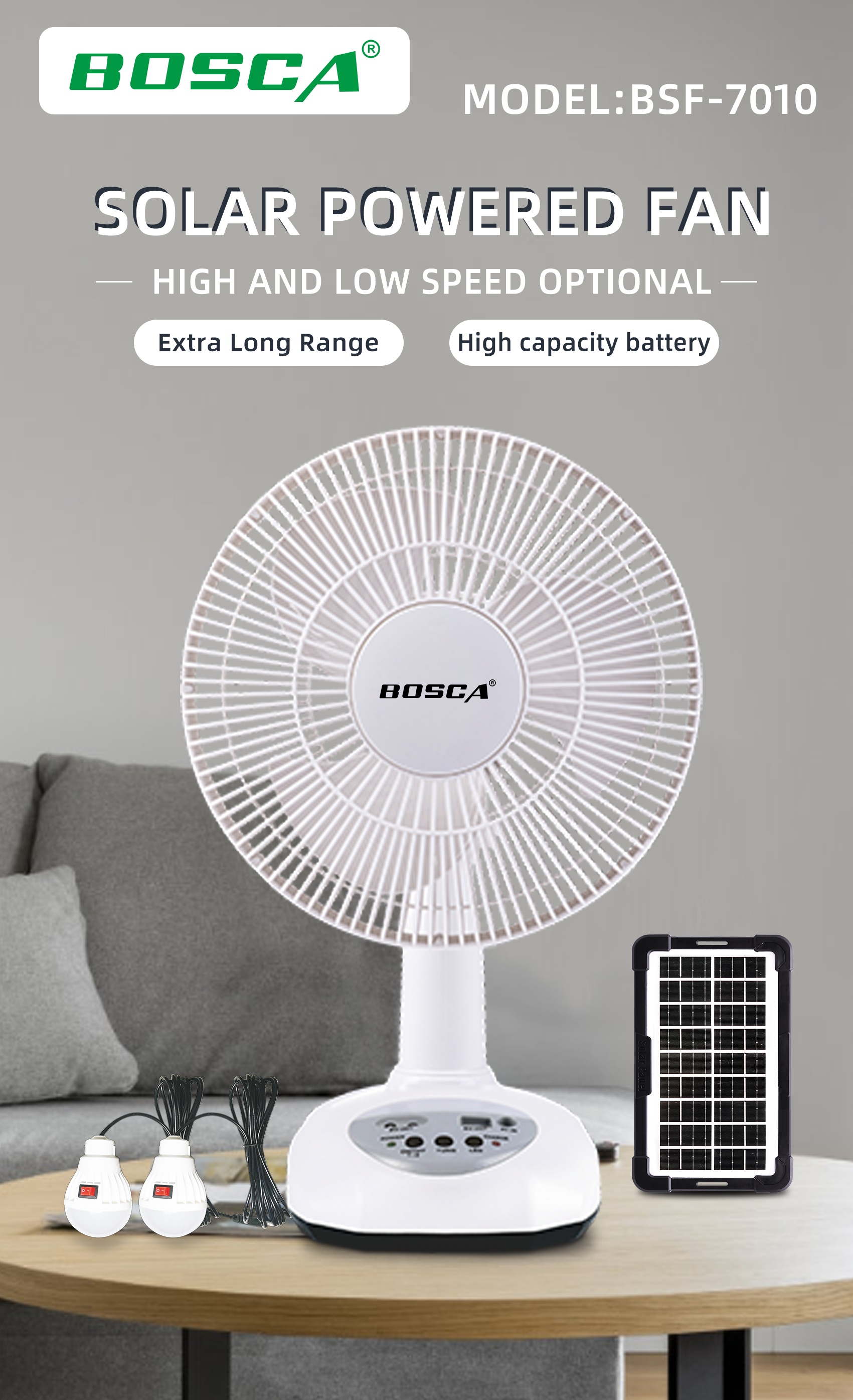 BOSCA 12" AC/DC Solar Recahrgeable Fan DESK Fan Box Fan With LED Light ...