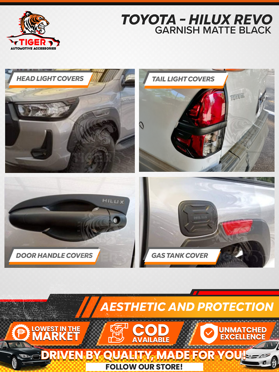 TIGERAUTO Toyota - Hilux Revo Car Garnish Matt Black, Complete Set ...