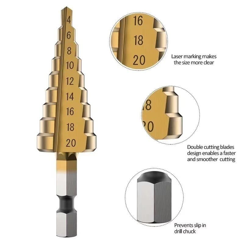 Drill Bit HSS Titanium Coated Hex Shank Step Drill bit set cone hole ...