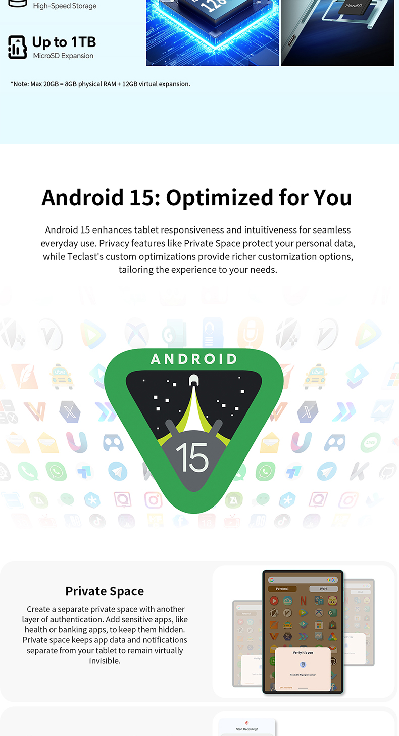 Teclast P50 25New 11" Android 15 Tablet 20GB(8+12) + 128GB Dual SIM ...