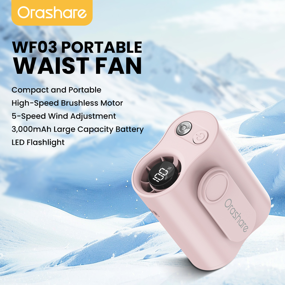 Orashare WF03 3000mAh Rechargeable Waist Fan 5-Speed Strong Wind Portable LED Light Hands-Free ...