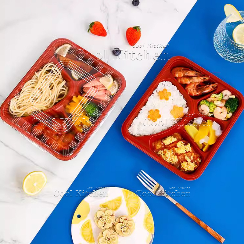 (50PCS) Red bento box with free lid 1/2/3/4/5 grid takeaway packaging ...