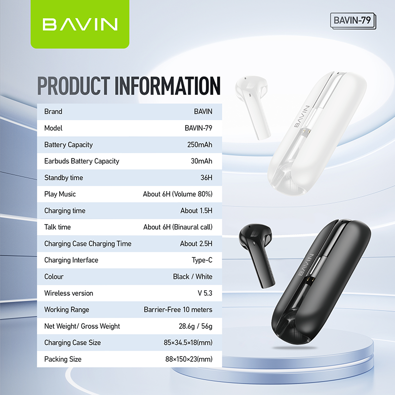 BAVIN BA79 TWS Bluetooth Earphones High Stereo Sound Wireless Earbuds w ...