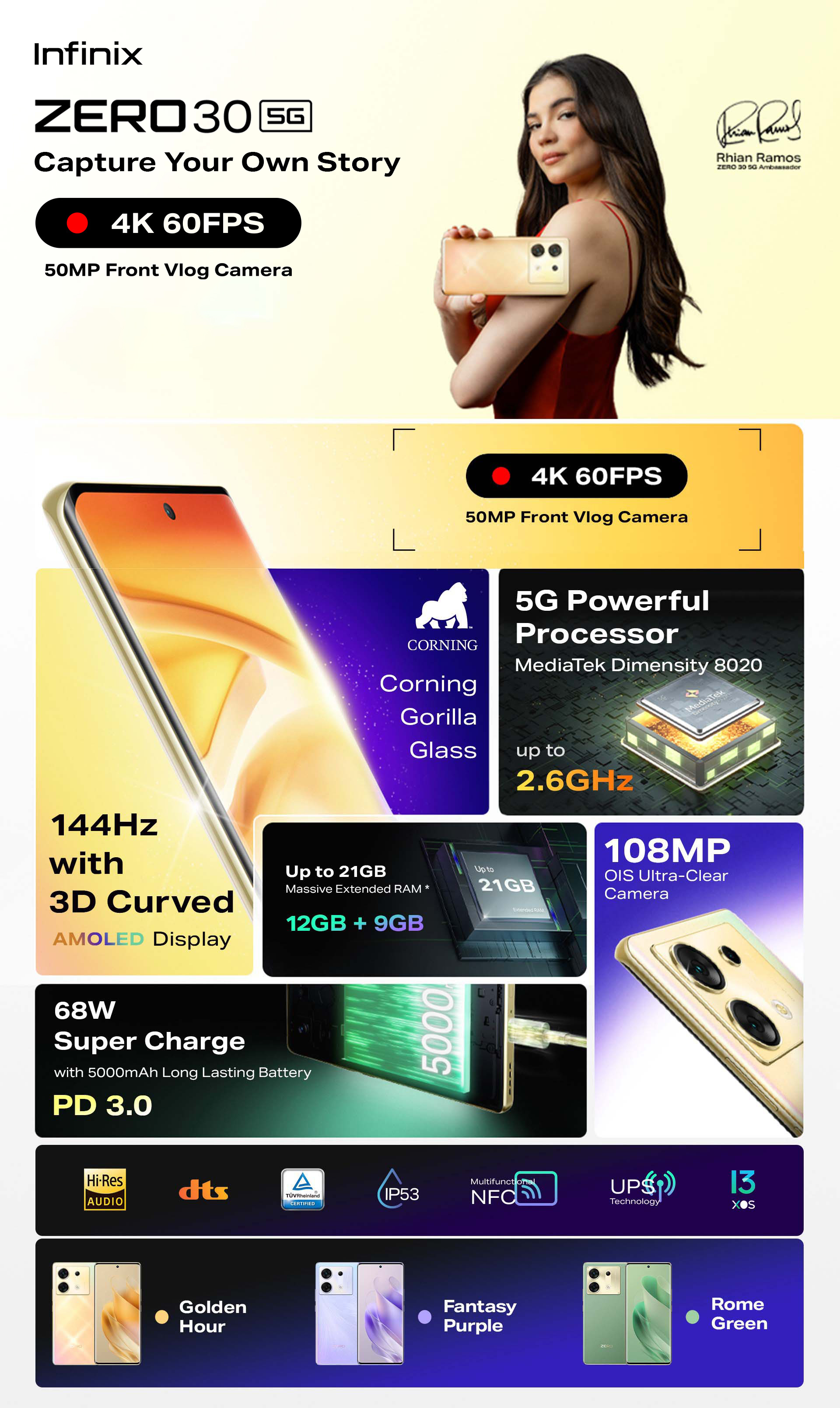 Infinix Zero 30 5G 12GB + 256GB, Dimensity 8020 5G Processor, 4K 60 FPS, with 1 year warranty ...