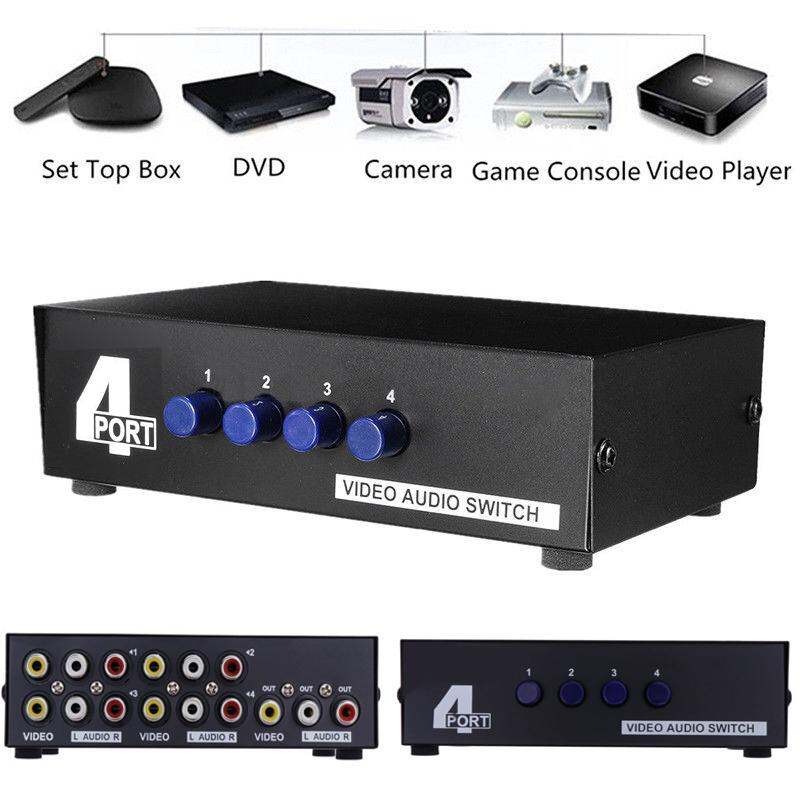 4 Port AV Switch RCA Switcher 4 in 1 Out Composite Video L/R Audio ...