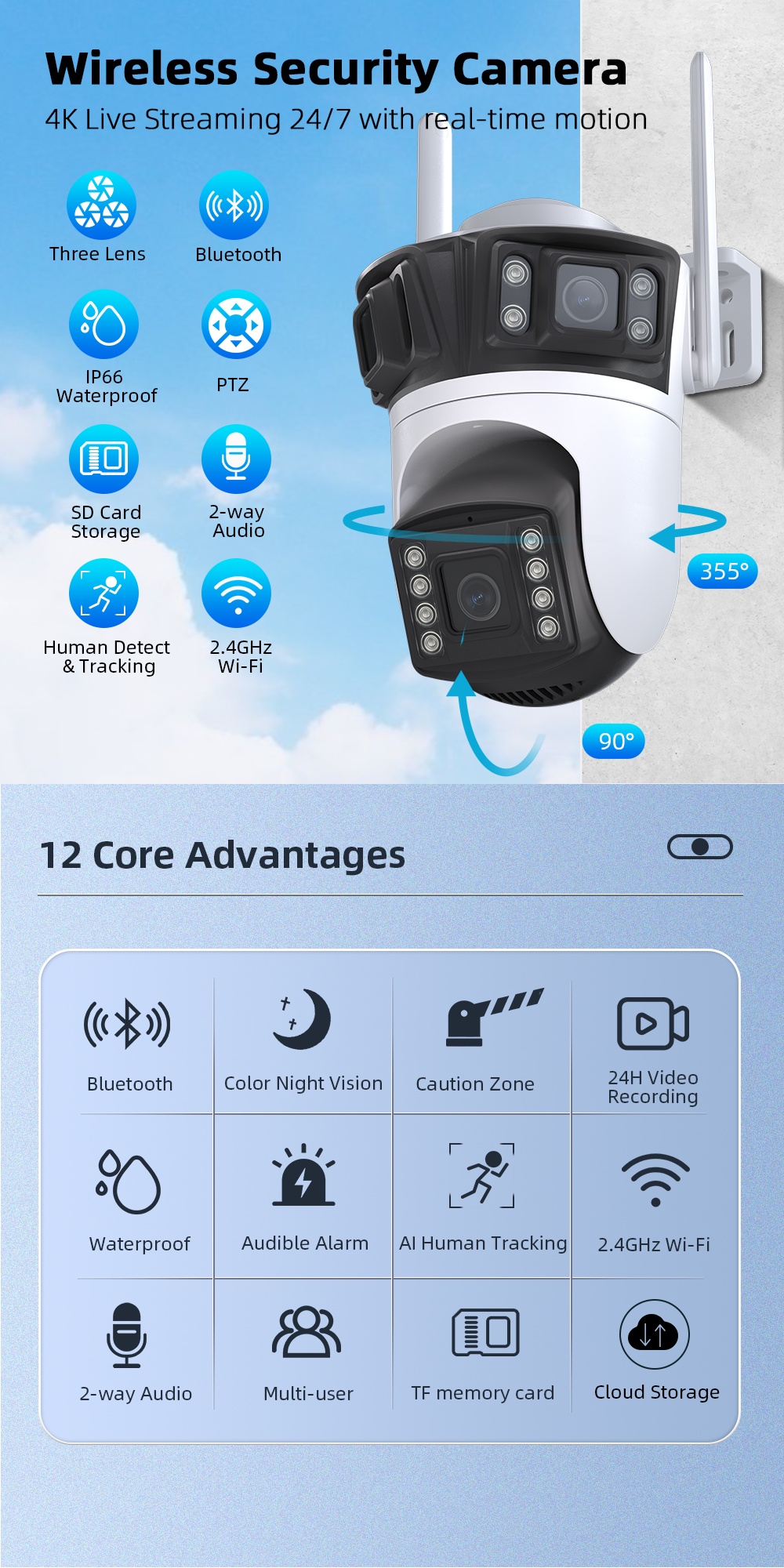ICSEE XM R12 Three Lens 5MP CCTV Camera PTZ Outdoor Wireless WFl Camera ...