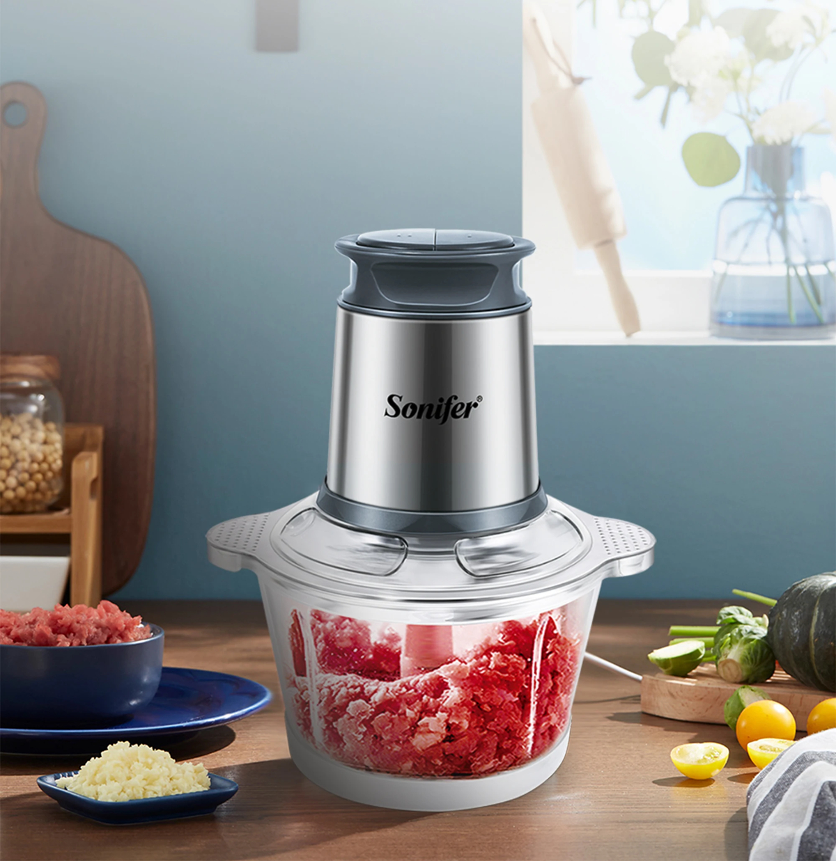 Sonifer Meat Grinder Food Chopper 2.5L 304 Stainless Steel Food Processor for Meat Vegetables ...